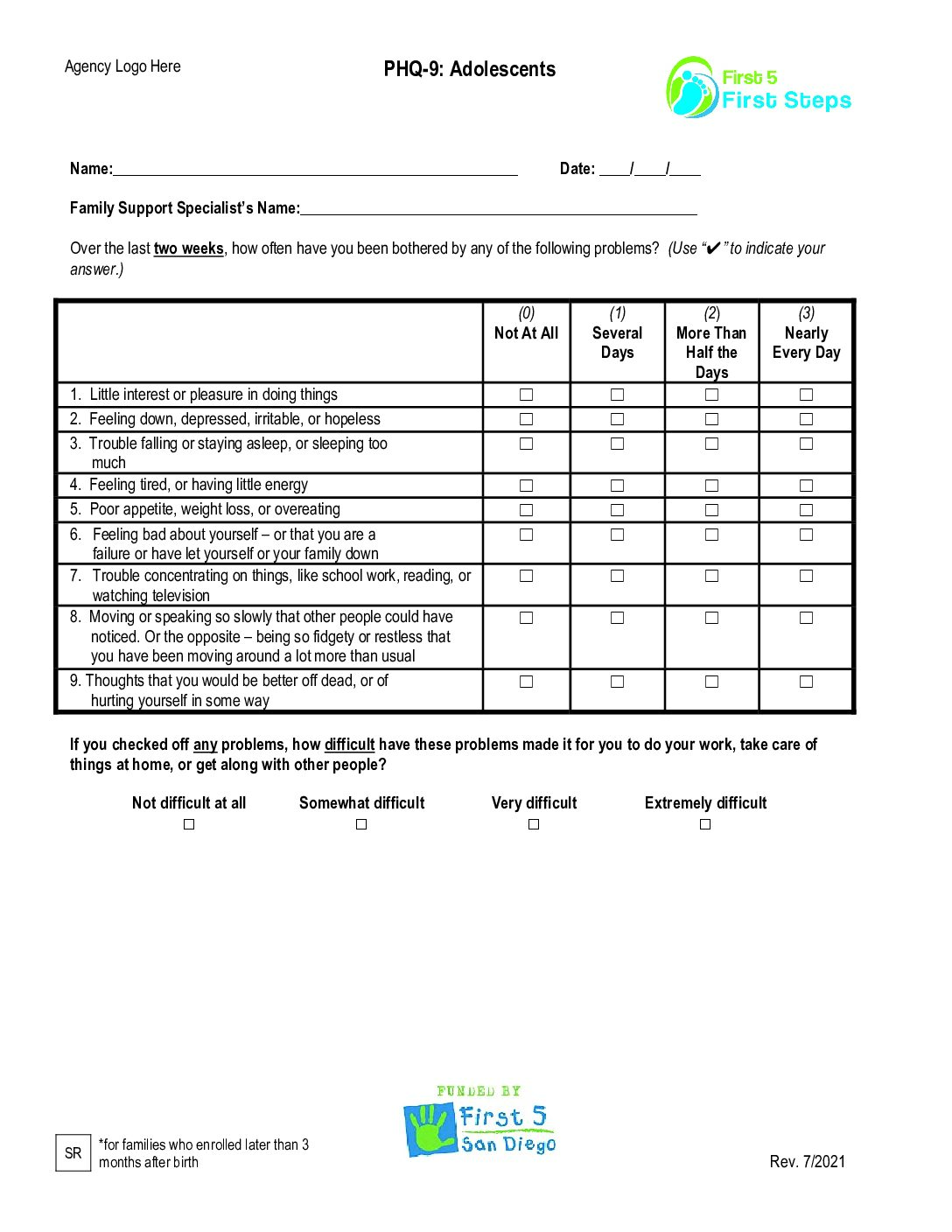PHQ-9 Adolescent Form – Healthy Families San Diego County